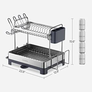 SONGMICS Dish Drying Rack - 2 Tier Dish Rack for Kitchen Counter with Rotatable and Extendable Drain Spout, Dish Drainer with Utensil, Cup, Glass, Cutting Board Holders, Gray UKCS032E01