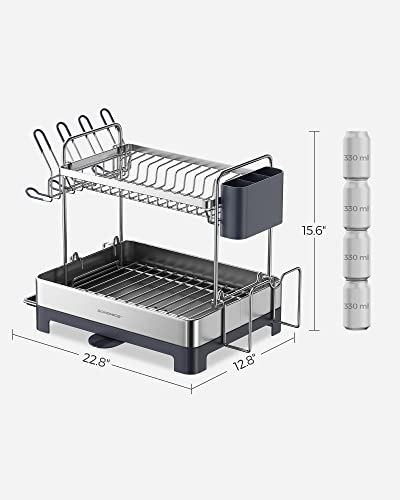 SONGMICS Dish Drying Rack - 2 Tier Dish Rack for Kitchen Counter with Rotatable and Extendable Drain Spout, Dish Drainer with Utensil, Cup, Glass, Cutting Board Holders, Gray UKCS032E01