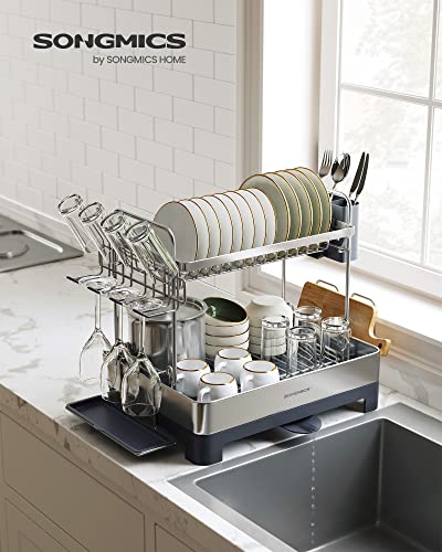 SONGMICS Dish Drying Rack - 2 Tier Dish Rack for Kitchen Counter with Rotatable and Extendable Drain Spout, Dish Drainer with Utensil, Cup, Glass, Cutting Board Holders, Gray UKCS032E01