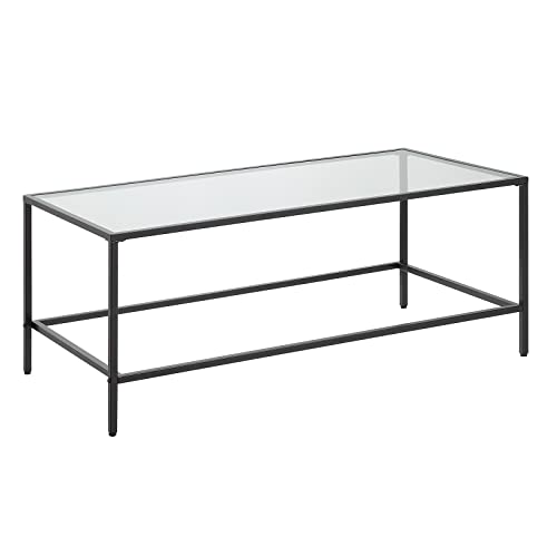 CAWS Black Coffee Table, Tempered Glass Wide Rectangle Coffee Table with Black Metal Frame, Modern Minimalist Center Table for Living Room, Dining Room, Office, Pantry or Outdoor