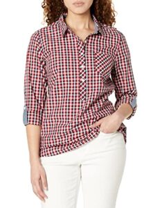 tommy hilfiger women's blouse casual check roll tab long sleeve, chili pepper multi