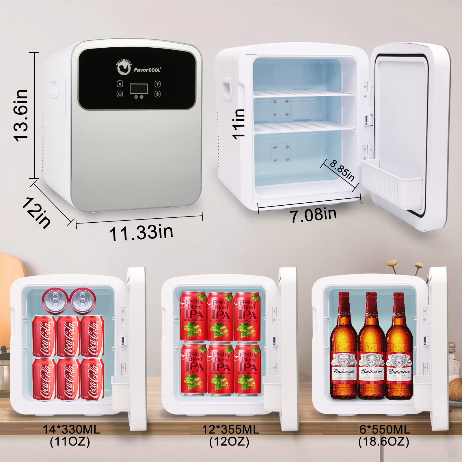 FavorCOOL 13.5L Compact Refrigerator, Single Door Mini Fridge With Digital Thermostat Display And Control Temperature, 12V AC/DC Portable Cooler Warmer