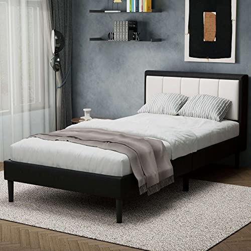 Konprosp Twin Size Bed Frame with Upholstered Headboard, Platform in New Technical Fabric, Mattress Foundation with Wooden Slats Support, Easy Assembly, No Box Spring Needed, Black & White