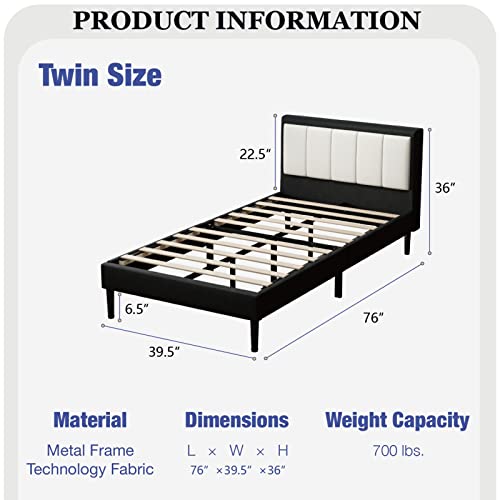 Konprosp Twin Size Bed Frame with Upholstered Headboard, Platform in New Technical Fabric, Mattress Foundation with Wooden Slats Support, Easy Assembly, No Box Spring Needed, Black & White