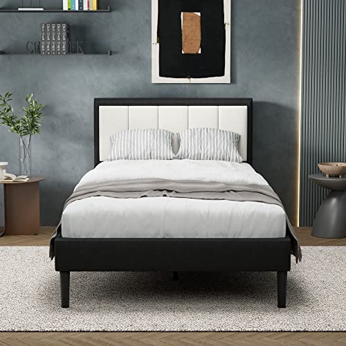 Konprosp Twin Size Bed Frame with Upholstered Headboard, Platform in New Technical Fabric, Mattress Foundation with Wooden Slats Support, Easy Assembly, No Box Spring Needed, Black & White