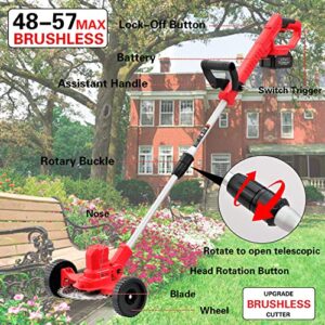 Brushless Electric Weed Wacker 57 Inch 750W Lightweight Push Brush Cutter 6A Battery Powered 9 Inch Metal Circular Saw Blade, 1 Straight Blade and 12 Inch Cutting Swath for Garden Yard Dense Weeds