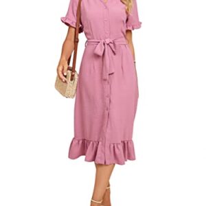 KOJOOIN Women's Button Down Midi Shirt Dress Summer Short Sleeve Tie Waist Split Business Casual Work Long Maxi Dress Dusty Pink XL