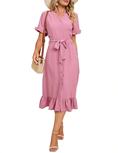 KOJOOIN Women's Button Down Midi Shirt Dress Summer Short Sleeve Tie Waist Split Business Casual Work Long Maxi Dress Dusty Pink XL