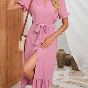 KOJOOIN Women's Button Down Midi Shirt Dress Summer Short Sleeve Tie Waist Split Business Casual Work Long Maxi Dress Dusty Pink XL