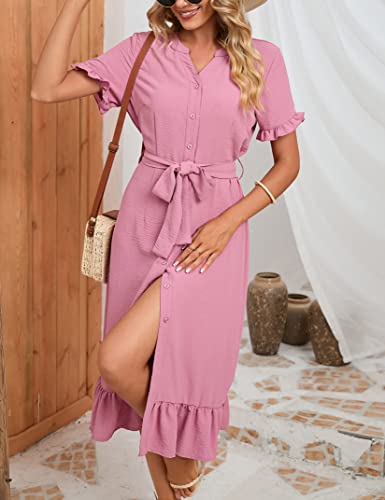 KOJOOIN Women's Button Down Midi Shirt Dress Summer Short Sleeve Tie Waist Split Business Casual Work Long Maxi Dress Dusty Pink XL