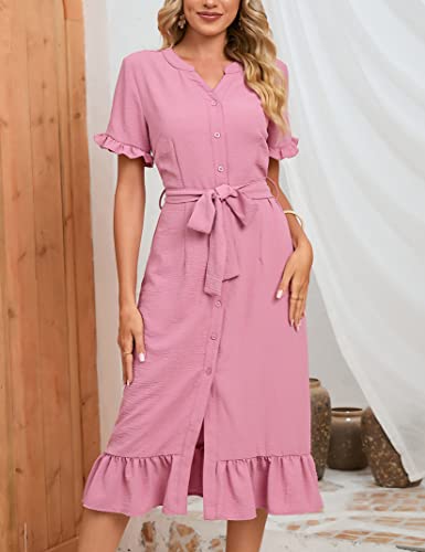 KOJOOIN Women's Button Down Midi Shirt Dress Summer Short Sleeve Tie Waist Split Business Casual Work Long Maxi Dress Dusty Pink XL