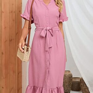 KOJOOIN Women's Button Down Midi Shirt Dress Summer Short Sleeve Tie Waist Split Business Casual Work Long Maxi Dress Dusty Pink XL