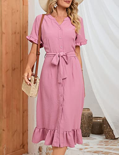 KOJOOIN Women's Button Down Midi Shirt Dress Summer Short Sleeve Tie Waist Split Business Casual Work Long Maxi Dress Dusty Pink XL