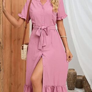 KOJOOIN Women's Button Down Midi Shirt Dress Summer Short Sleeve Tie Waist Split Business Casual Work Long Maxi Dress Dusty Pink XL