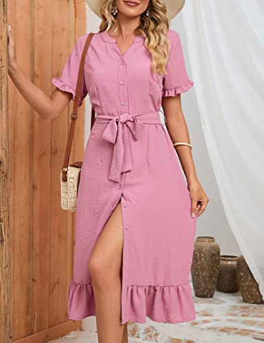 KOJOOIN Women's Button Down Midi Shirt Dress Summer Short Sleeve Tie Waist Split Business Casual Work Long Maxi Dress Dusty Pink XL