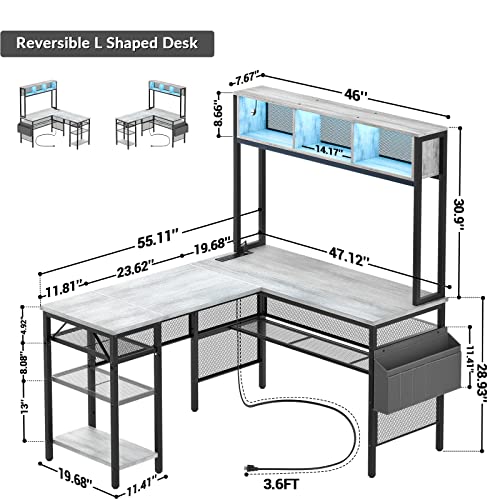 Unikito L Shaped Computer Desk with LED Strip and Power Outlets, Reversible L-Shaped Corner Desk with Storage Shelves and Bag, Industrial Home Office Desk Gaming Table with USB Port, White Oak