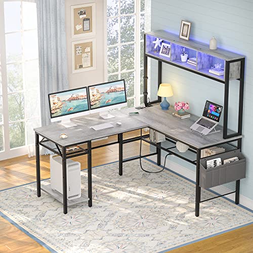 Unikito L Shaped Computer Desk with LED Strip and Power Outlets, Reversible L-Shaped Corner Desk with Storage Shelves and Bag, Industrial Home Office Desk Gaming Table with USB Port, White Oak