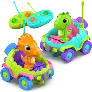 mindsprout dino chasers set of 2 remote control car for toddler, kids toys age 2 3 4 5, boys & girls birthday gift, dinosaur toy 2-4, led lights & music