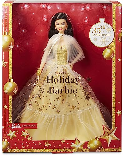 2023 Holiday Barbie Doll, Seasonal Collector Gift, Barbie Signature, Golden Gown and Displayable Packaging, Black Hair