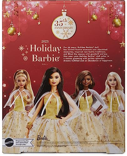 2023 Holiday Barbie Doll, Seasonal Collector Gift, Barbie Signature, Golden Gown and Displayable Packaging, Black Hair