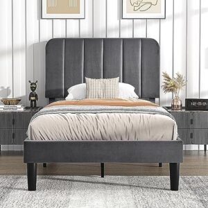 vecelo twin size upholstered bed frame with adjustable headboard, velvet platform bedframe mattress foundation, strong wood slat support, no box spring needed,dark grey