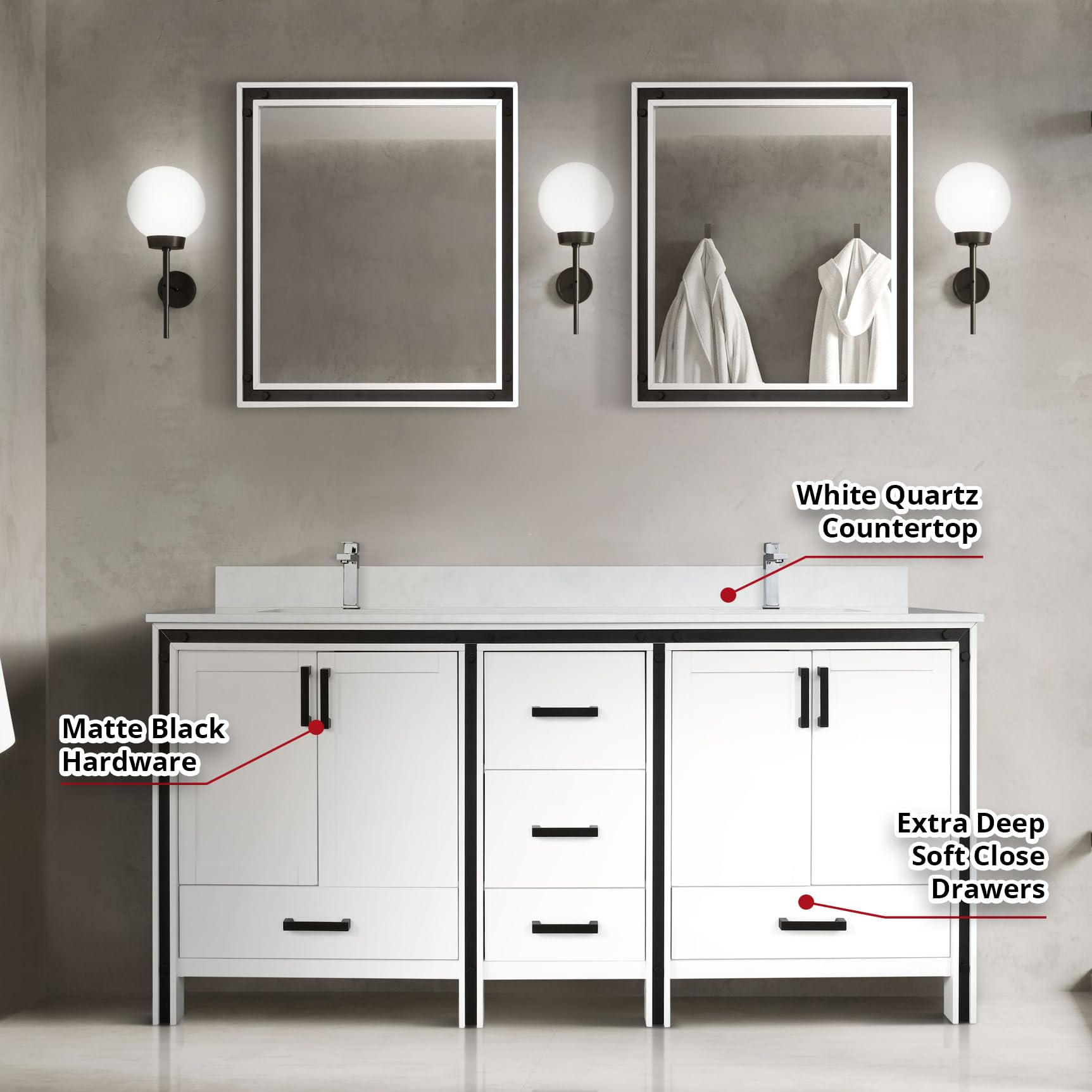 Bell+Modern Augustine 72 in W x 22 in D White Double Bath Vanity and White Quartz Top