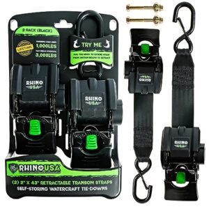 rhino usa retractable transom tie-down straps (2-pack) - 3,000lb guaranteed max break strength, heavy duty 2" x 43" marine trailer tie downs for boat, jet ski, seadoo and more!