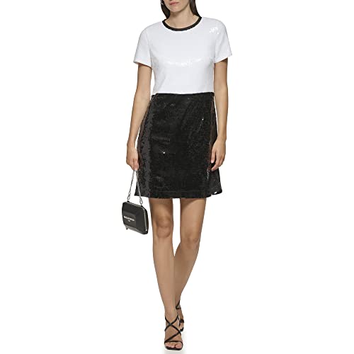 Karl Lagerfeld Paris Women's Stretch Sequin Color Block Sheath Dress, Black Soft White, Large