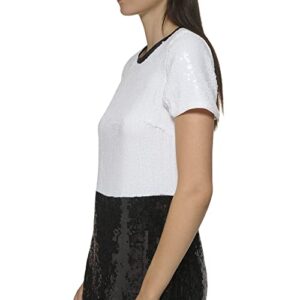 Karl Lagerfeld Paris Women's Stretch Sequin Color Block Sheath Dress, Black Soft White, Large