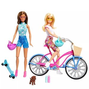 barbie outdoor bike playset bundle blonde and brunette doll with puppy summer fun set