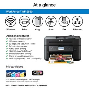 Epson Workforce WF-2860 All-in-One Color Inkjet Printer, Black - Print Scan Copy Fax - Wireless Ethernet NFC Auto 2-Sided Borderless Printing, 14 ppm, 4800 x 1200 dpi, 30-Sheet ADF, Voice Activated