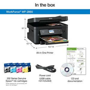 Epson Workforce WF-2860 All-in-One Color Inkjet Printer, Black - Print Scan Copy Fax - Wireless Ethernet NFC Auto 2-Sided Borderless Printing, 14 ppm, 4800 x 1200 dpi, 30-Sheet ADF, Voice Activated