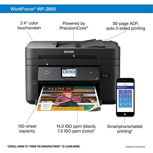 Epson Workforce WF-2860 All-in-One Color Inkjet Printer, Black - Print Scan Copy Fax - Wireless Ethernet NFC Auto 2-Sided Borderless Printing, 14 ppm, 4800 x 1200 dpi, 30-Sheet ADF, Voice Activated