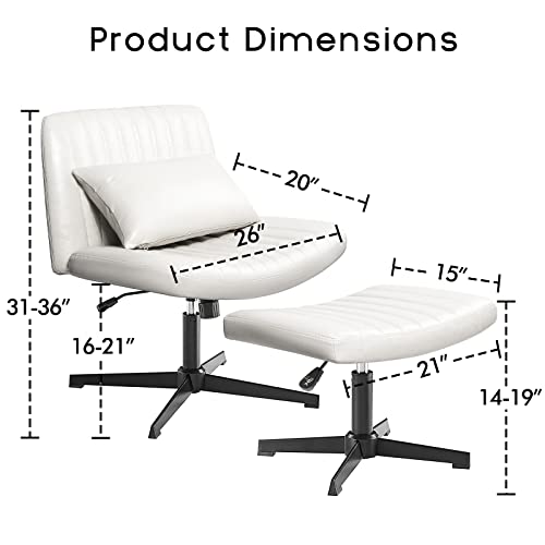 PUKAMI Armless Desk Chair No Wheels with Ottoman&Lumbar Support,PU Leather Padded Modern Swivel Home Office Chair,Height Adjustable Wide Seat Cross Legged Computer Task Chair for Living Room(White)