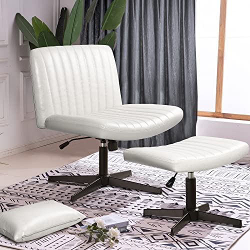 PUKAMI Armless Desk Chair No Wheels with Ottoman&Lumbar Support,PU Leather Padded Modern Swivel Home Office Chair,Height Adjustable Wide Seat Cross Legged Computer Task Chair for Living Room(White)