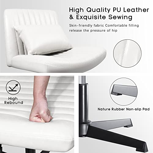 PUKAMI Armless Desk Chair No Wheels with Ottoman&Lumbar Support,PU Leather Padded Modern Swivel Home Office Chair,Height Adjustable Wide Seat Cross Legged Computer Task Chair for Living Room(White)