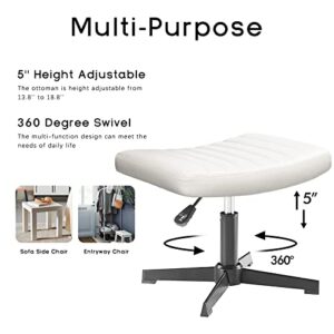 PUKAMI Armless Desk Chair No Wheels with Ottoman&Lumbar Support,PU Leather Padded Modern Swivel Home Office Chair,Height Adjustable Wide Seat Cross Legged Computer Task Chair for Living Room(White)