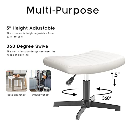 PUKAMI Armless Desk Chair No Wheels with Ottoman&Lumbar Support,PU Leather Padded Modern Swivel Home Office Chair,Height Adjustable Wide Seat Cross Legged Computer Task Chair for Living Room(White)