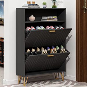 auromie tipping bucket shoe storage cabinet with 2 flip drawers, modern entryway shoe rack with storage top cubby, narrow slim hidden organizer with doors, freestanding (black)