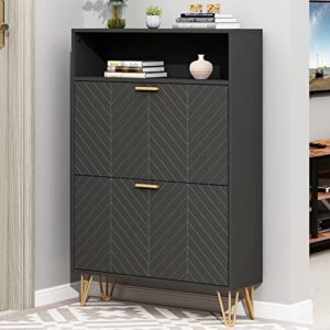 Auromie Tipping Bucket Shoe Storage Cabinet with 2 Flip Drawers, Modern Entryway Shoe Rack with Storage Top Cubby, Narrow Slim Hidden Organizer with Doors, Freestanding (Black)