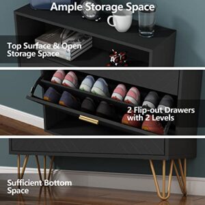 Auromie Tipping Bucket Shoe Storage Cabinet with 2 Flip Drawers, Modern Entryway Shoe Rack with Storage Top Cubby, Narrow Slim Hidden Organizer with Doors, Freestanding (Black)