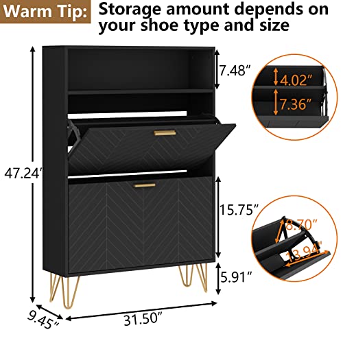 Auromie Tipping Bucket Shoe Storage Cabinet with 2 Flip Drawers, Modern Entryway Shoe Rack with Storage Top Cubby, Narrow Slim Hidden Organizer with Doors, Freestanding (Black)