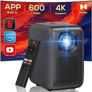 projector 4k with wifi bluetooth, netflix licensed, real 600 ansi lumen, native 1080p phone projector support dolby audio, electric focus, auto/4p keystone, full seal compatible with android/pc/usb