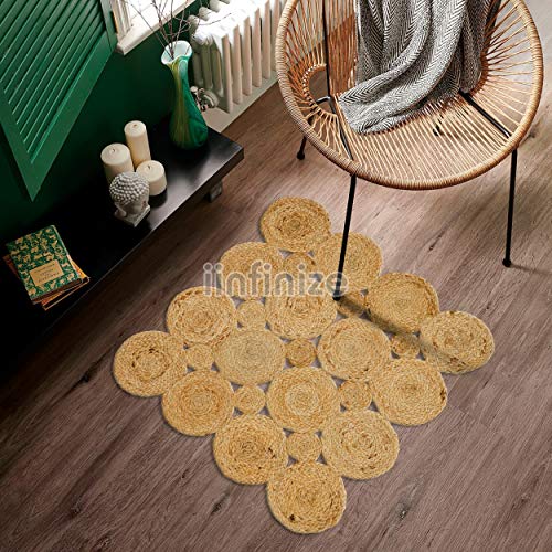 iinfinize Welcome Mat Durrie Beautiful Door Mat 24" Square Pure Jute Carpet Natural Braided Square Shape Single Piece Reversible Floor Rug / Fancy Door