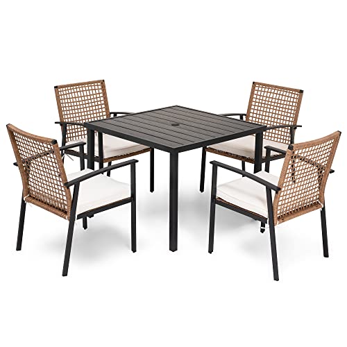 LAUSAINT HOME 5 Pieces Outdoor Patio Dining Set, Wicker Patio Furniture Set of 4 Chairs with Soft Cushion and Square Table with Umbrella Hole, Conversation Set for Backyard, Garden and Poolside