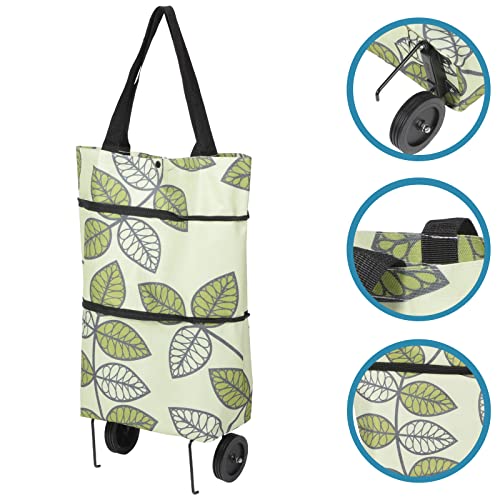 LOGOFUN 2 Pcs Folding Shopping Bag Collapsible Trolley Bags with Wheels Portable Reusable Grocery Bags (Leaf)