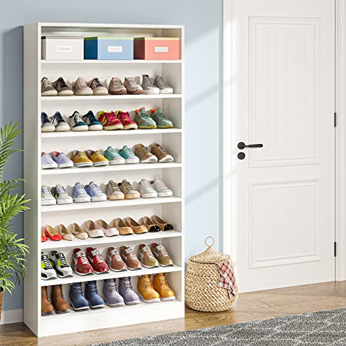 Tribesigns Shoe Cabinet, 9 Tiers 40-45 Pairs Heavy Duty Wood Freestanding Shoe Storage Cabinet, 70.8'' Tall Shoe Cabinet with Open Storage for Entryway, White