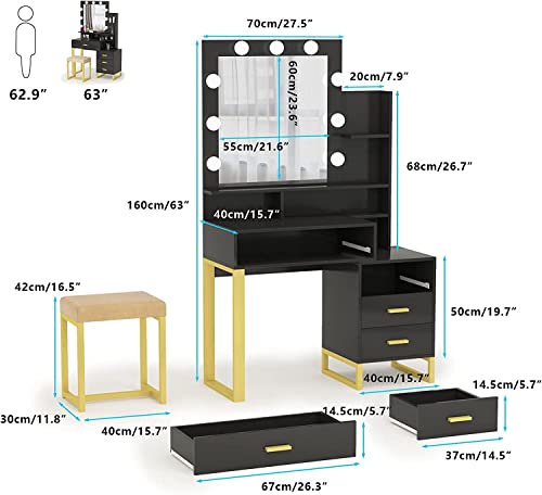 Hsozptry Vanity Set with Lighted Mirror, Makeup Vanity Table Set with LED Light, Drawers, Storage Shelves and Cushioned Stool, Small Vanity Desk for Bedroom (Black)