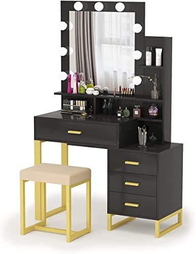 Hsozptry Vanity Set with Lighted Mirror, Makeup Vanity Table Set with LED Light, Drawers, Storage Shelves and Cushioned Stool, Small Vanity Desk for Bedroom (Black)