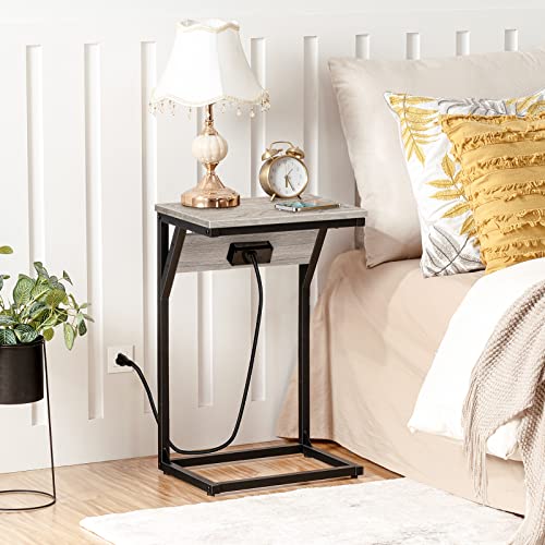 HOOBRO C Shaped End Table with Charging Station, Narrow Sofa Couch Side Table for Small Space, Industrial Bedside Table with Metal Frame for Living Room, Bedroom, Dorm, Greige and Black BG06USF01